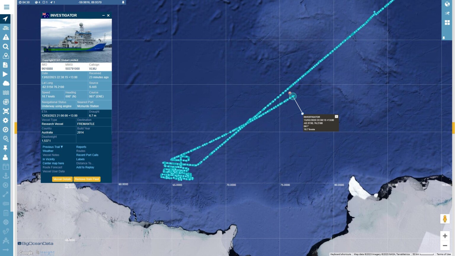 RV Investigator is heading back to Fremantle. - Big Ocean Data